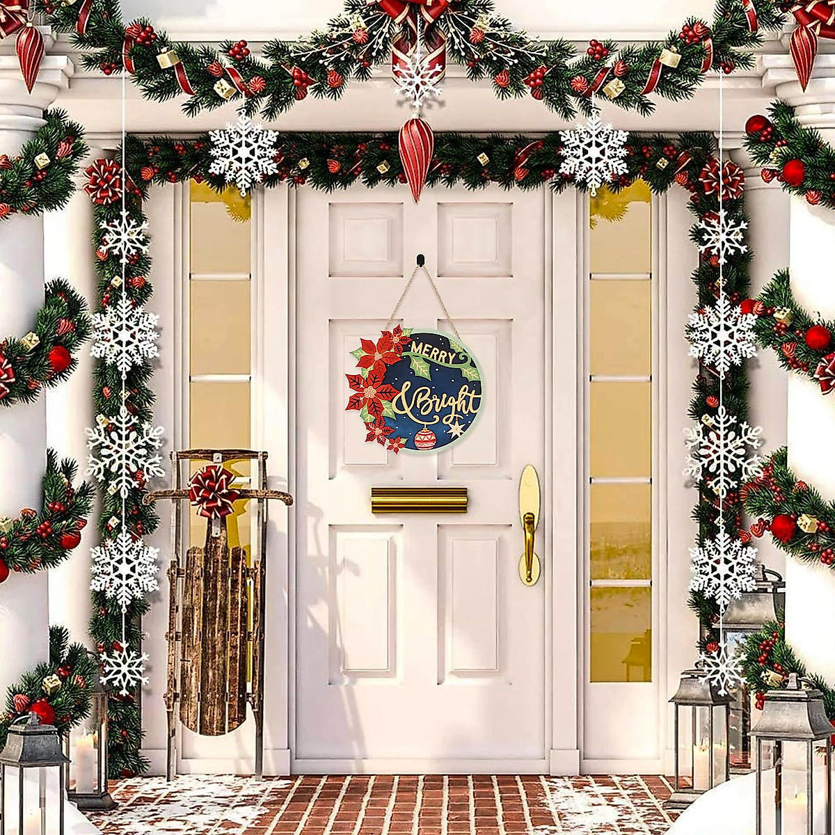 CHDITB Christmas Decoration Merry & Bright Door Sign(11.4"x11.4"), Wooden 3D Christmas Wall Hanging Sign with Mistletoe Jingle Bell, Cute Housewarming Gift for Home Office Xmas New Year