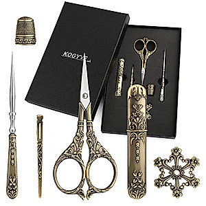 Embroidery Scissors Kits, Stainless Steel Safety Scissors, Threader with Needle Bottle, Metal Floss Bobbin, Awl, Thimble for Sewing,Cutting,Art Work,Embroidery,Needlework (Green patina)