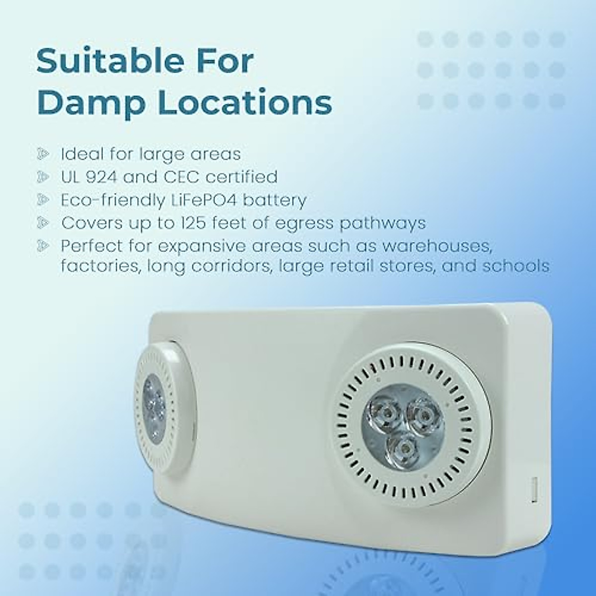 NFT High Output LED Emergency Lighting Fixture - Hard Wired 125' Path Coverage with 90 Minute LiFePO4 Battery, Self-Testing UL 924 & CEC Certified, Versatile Mounting (White)