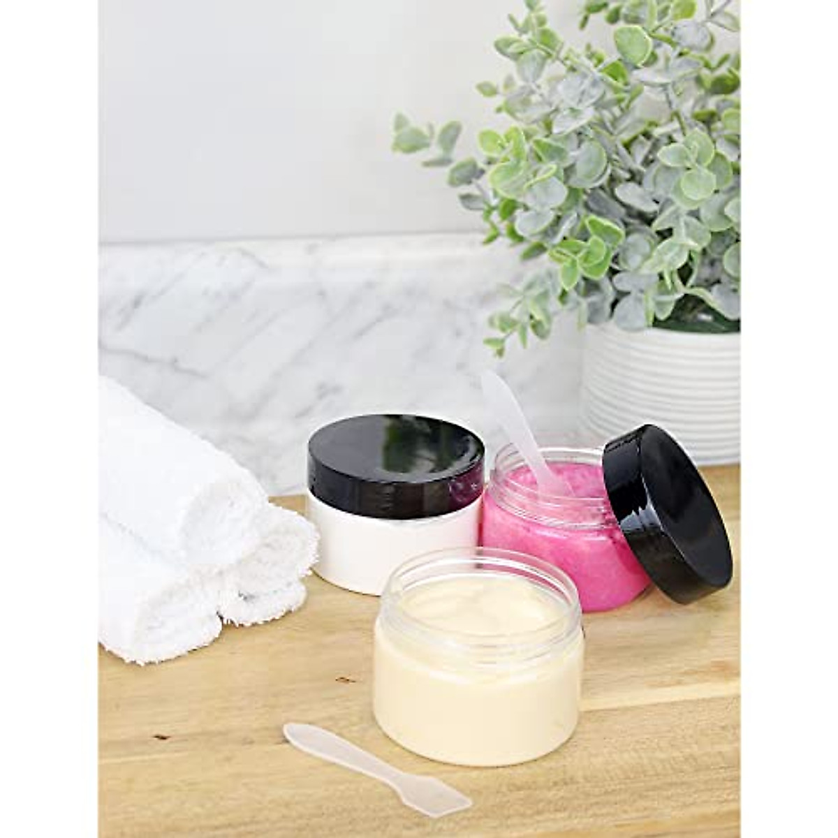 Cornucopia 4oz Clear Plastic Jars with Labels & Spatulas & Lids (24-Pack); Straight Sided PET Low Profile BPA-Free Containers