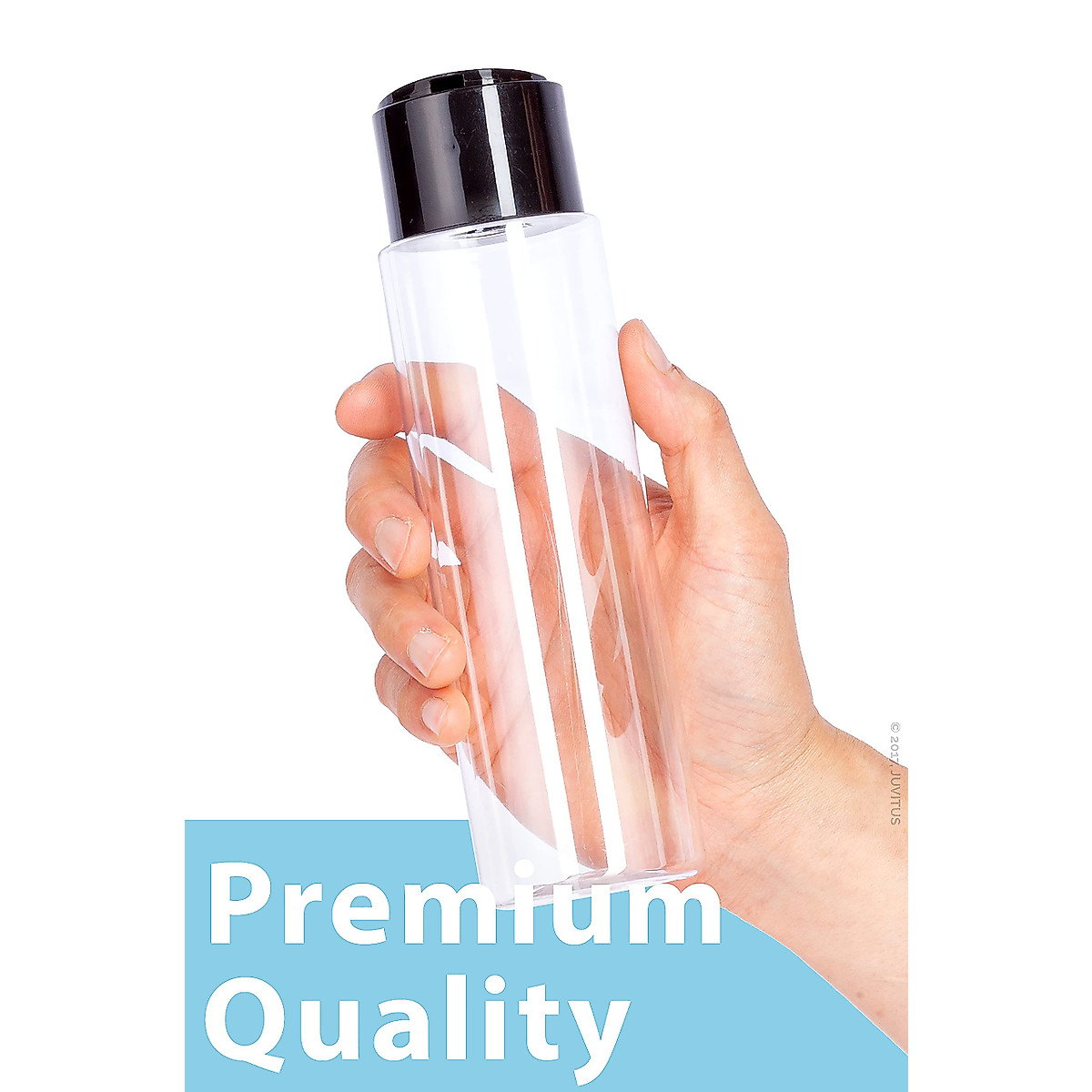 JUVITUS Clear 12 oz Professional Cylinder PET Plastic Bottles (BPA Free) (12 Pack, Wide Black Disc Cap)