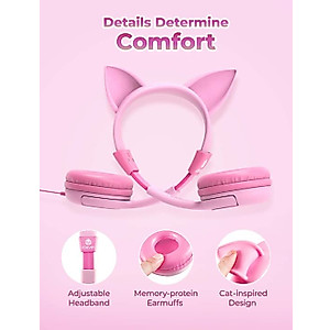 iClever HS01 Kids Headphones with Mic, Food Grade Safe Volume Limited 85/94dB, Cat Ear Headphones for Kids Girls Boys, Wired Children Headphones for Online Learning/School/Travel/Tablet (Pink)