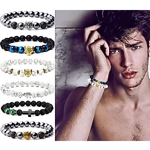CASDAN 12Pcs 8MM Lava Rock Stone Bead Bracelet for Men Women Dragon/Lion/Panther Leopard Head Bracelet Charm Bracelets Set Adjustable