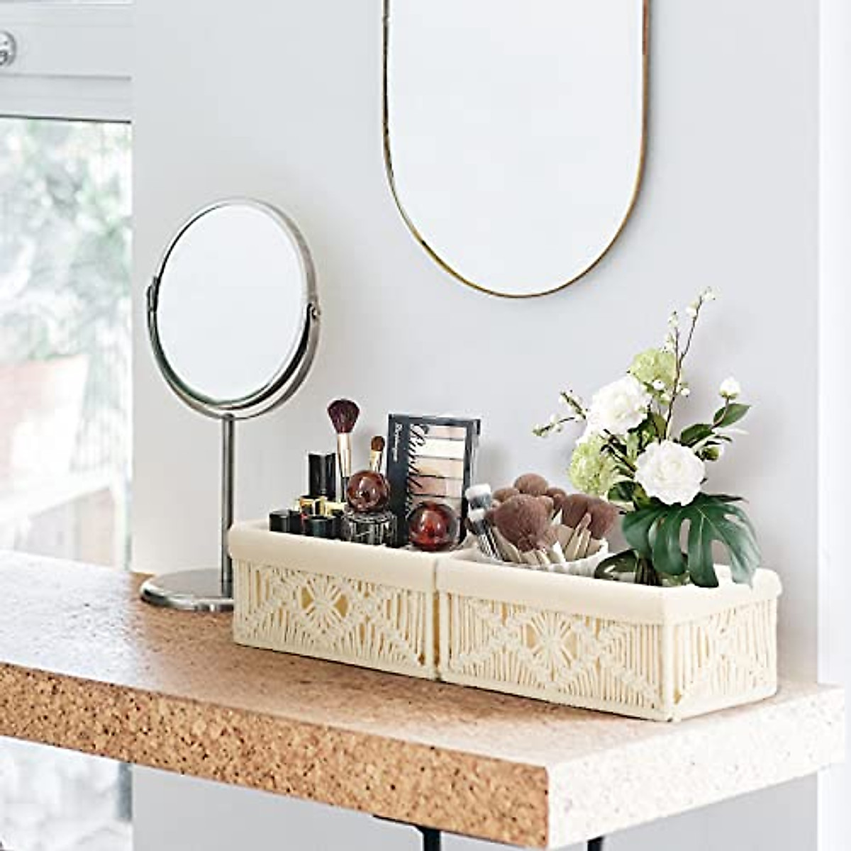 Bellzacasa Storage Baskets Boho Decor with Removable Cloth Liner Toilet Paper Basket Decorative Woven Basket for Countertop Shelf Cabinet Organizer for Bedroom Nursery Living Room Set of 3