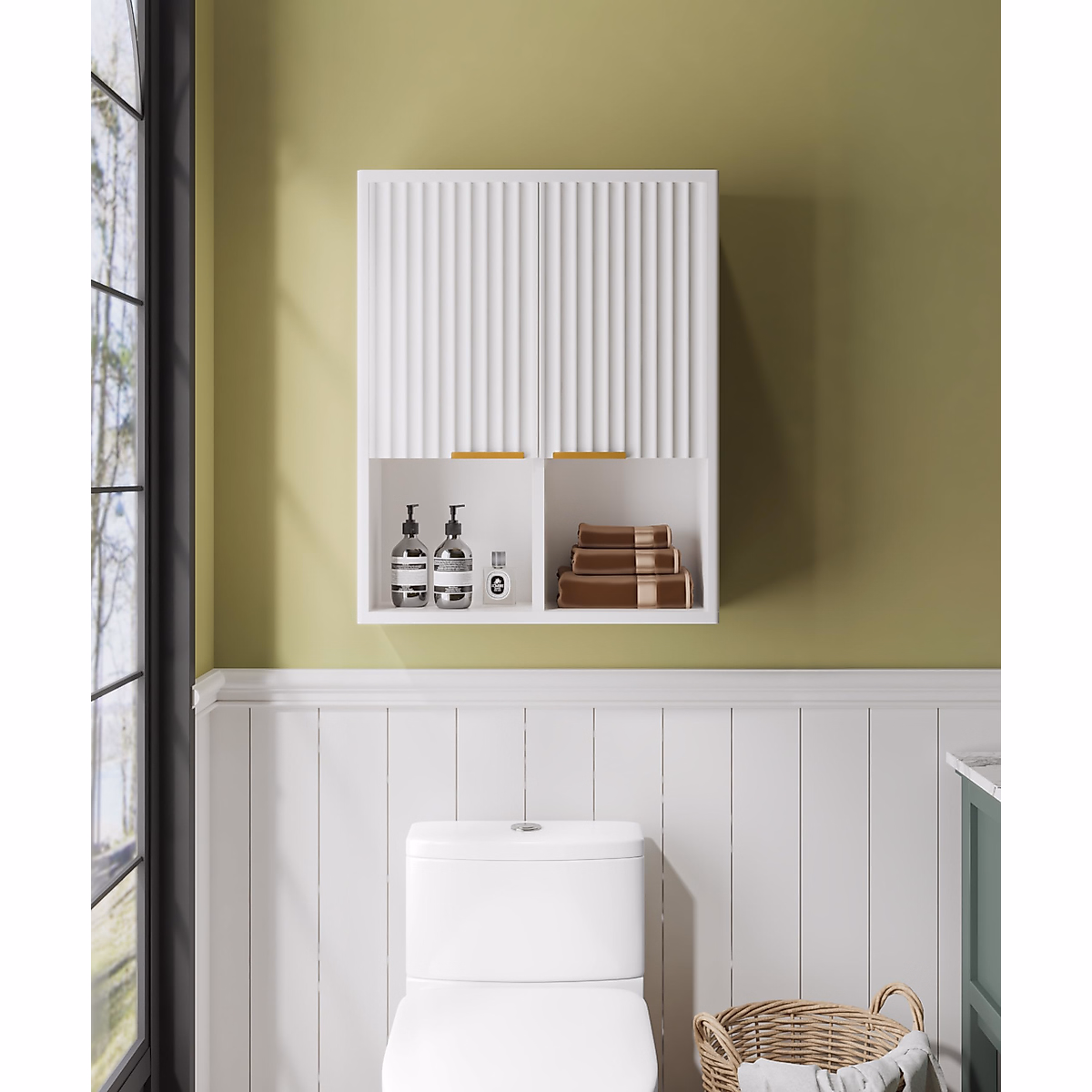 HAIOOU Fluted Bathroom Wall Cabinet with Motion Sensor Light, Curved Profile Wooden Medicine Cabinet Wall Mounted Cupboard, Wave Like Over Toilet Storage Cabinet with Buffering Hinges - Modern White