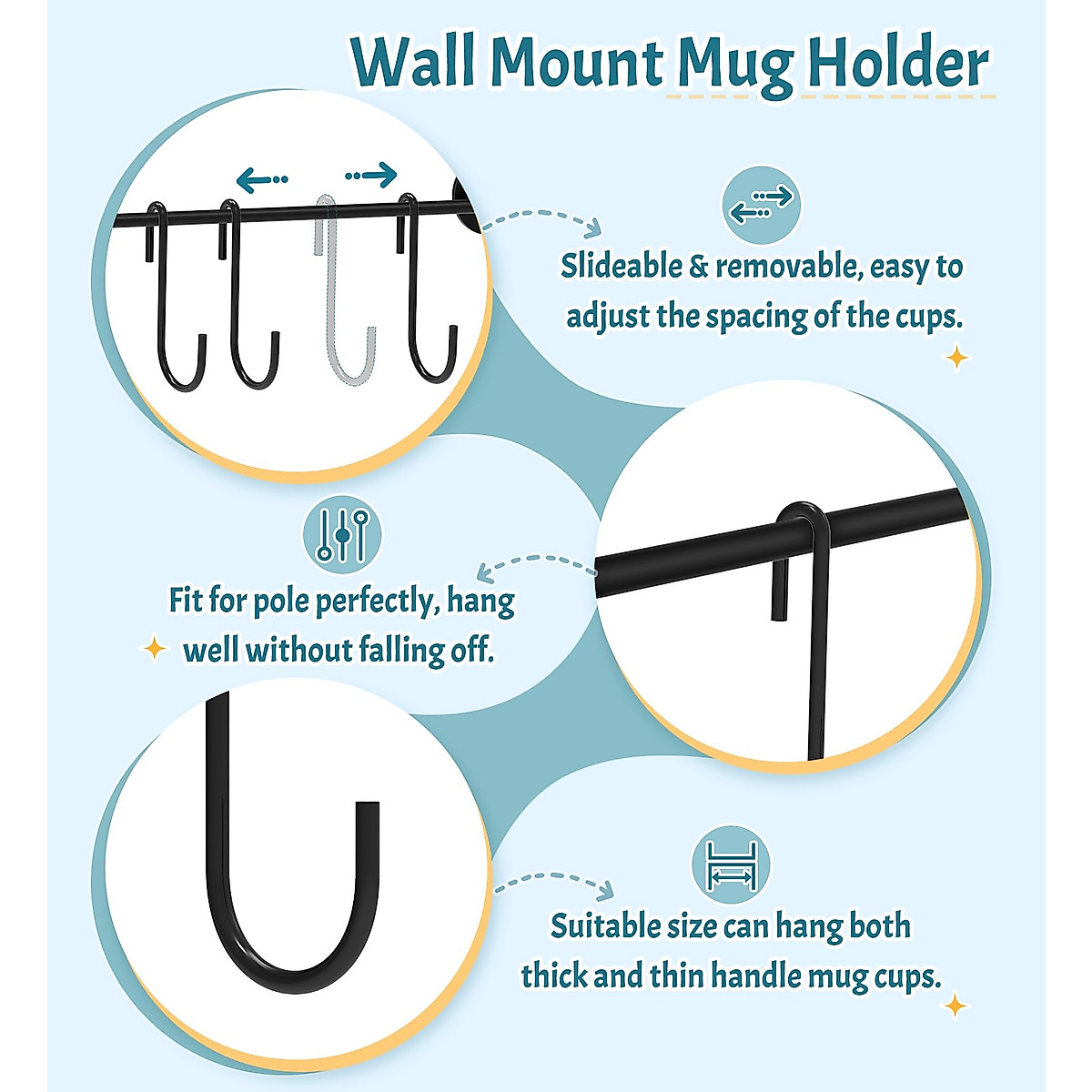 HOMEBROS Coffee Mug Rack, Black Metal Coffee Cup Holder Wall Mounted Hanging Coffee Mug Holder with 10 Mug Hooks Space Saving Kitchen Coffee Bar Mug Hanger Tea Cup Holder for Storage & Display - 2 Pcs