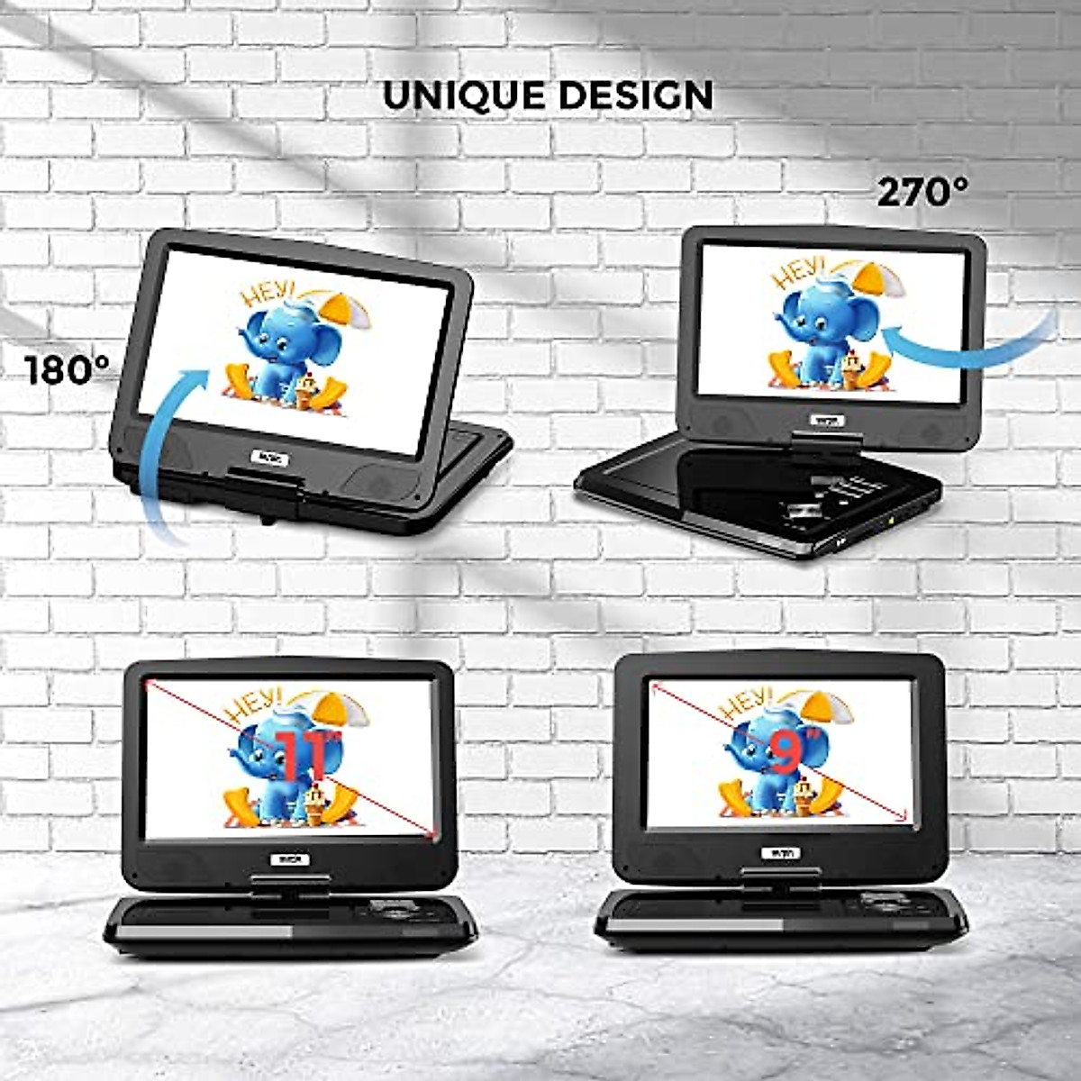 12.5" Portable DVD Player with 10.5" Swivel HD Screen, 5-Hour Rechargeable Battery, Dual Headphone Jacks, Car Headrest Case, Car Charger, Region Free, Support USB/SD Card/Sync TV/Multiple Disc Formats