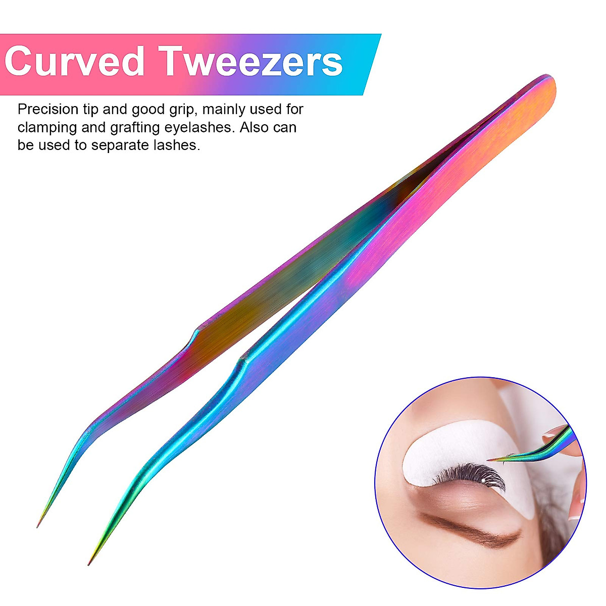 2 Pieces Straight and Curved Tip Tweezers Eyelash Extension Tweezers, Stainless Steel False Lash Application Tools (Iridescence)