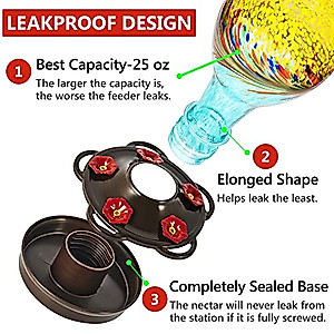 LUJII Hand Blown Glass Hummingbird Feeder for Outdoors with Ant Moat, Leak Proof & Rustproof , 25oz, Metal Base Cover with 5 Feeding Ports & Perches, Glass Art for Garden Decor (Blue Mixed Yellow)