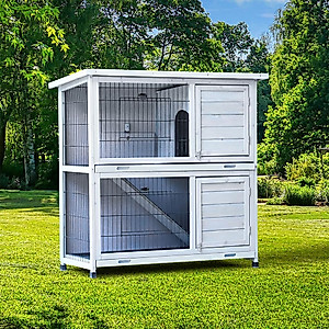 AMZOSS Premium White Rabbit Hutch with Lockable Door, Trap Door, and Roomy Space for Double Guinea Pig Cages