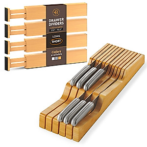 In-Drawer Knife Block Organizer and Adjustable Bamboo Drawer Dividers Organizers