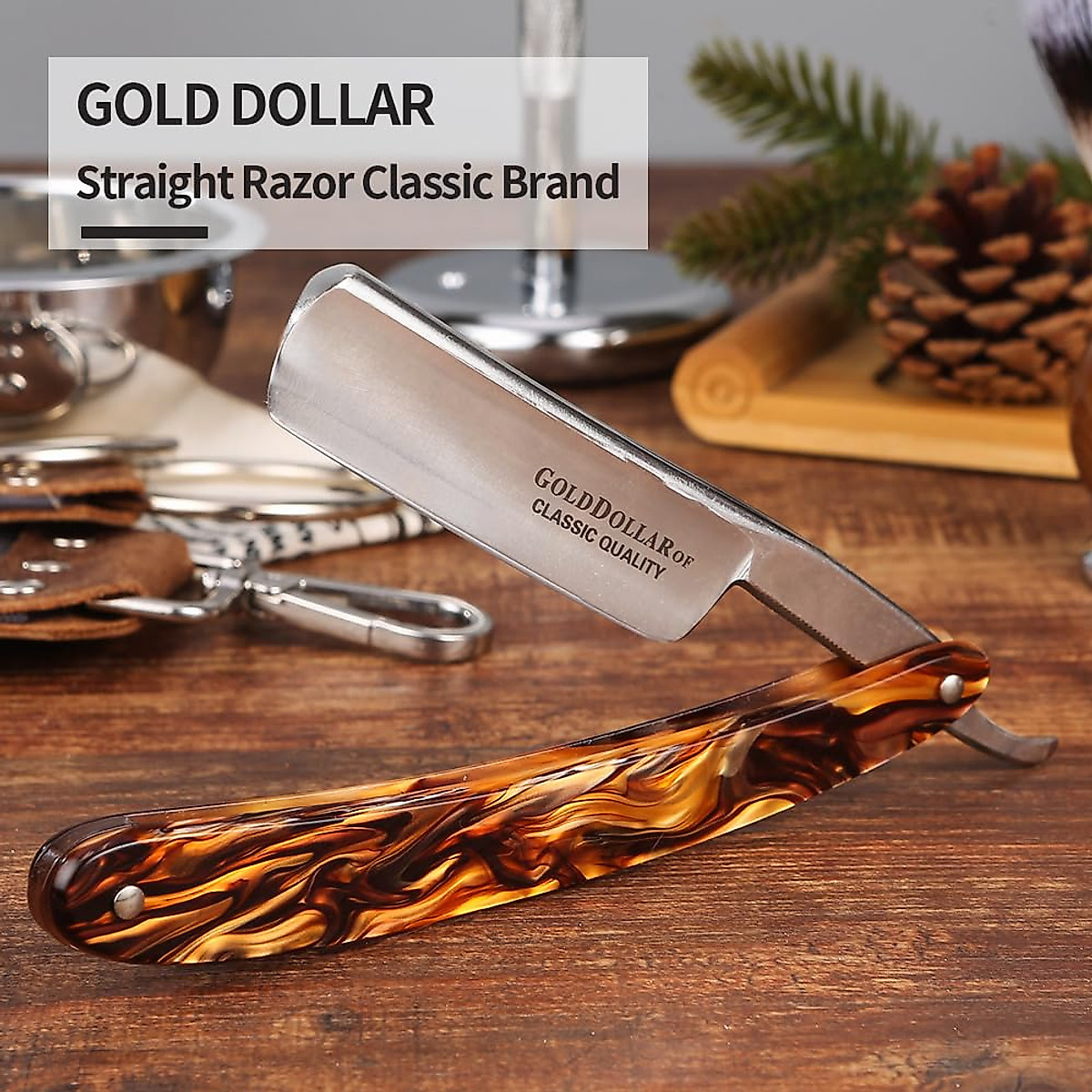 Gold Dollar Retro Shaving For Men Acrylic Handle Straight Razor Barber Shaving Ready Without Stabilizer Scraper Cloth Kit