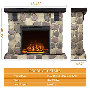 R.W.FLAME Electric Fireplace Mantel Package, 48 inch Freestanding Stone Fireplace Heater TV Stand with Remote Control, 7 Flame Brightness Settings, 750W/1500W,New
