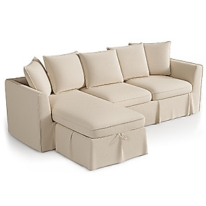 ONBRILL L Shaped Couch, L Shaped Sofa with Convertible Chaise, Small Slipcovered Sectional Couch w/Storage Ottoman, Washable Chenille Fabric, Comfy L Couch for Living Room, Office, Apartment, Beige