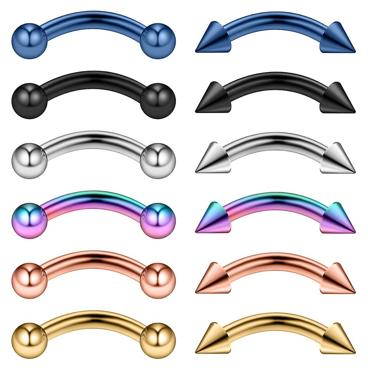 Ruifan 12PCS Assorted Colors PA Eyebrow Piercing Jewelry Curved Barbell with Balls & Spikes Kit PA Eyebrow Tragus Lip Ring 12G 10mm