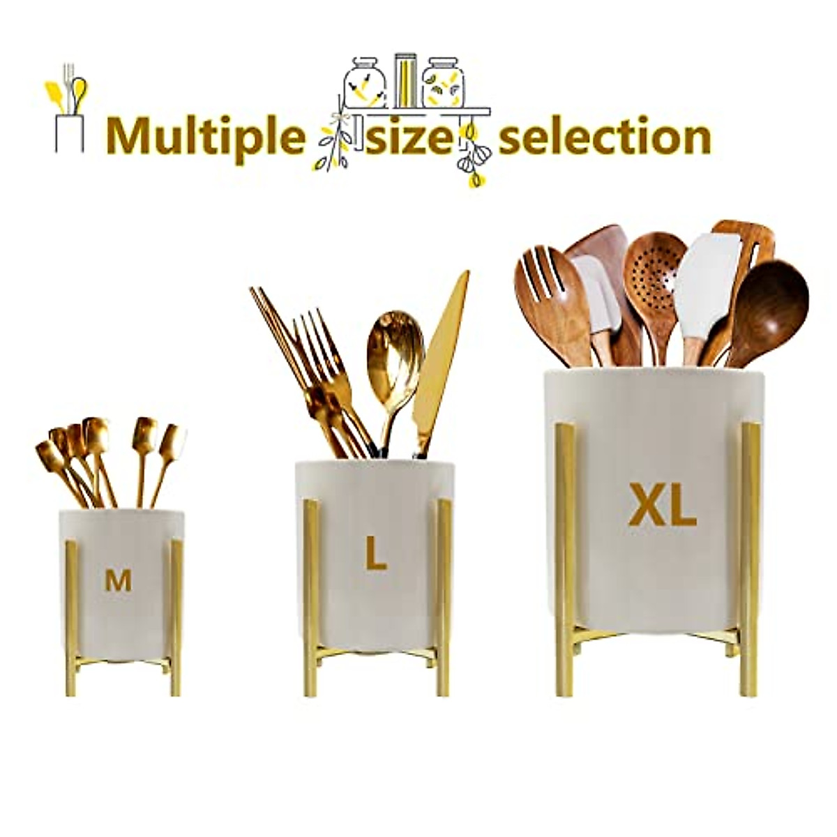 SIEBOLD 2pcs Sturdy Cutlery Holder White Ceramic With Metal Bracket Robust Silverware Caddy For Countertop - Spoon Holder Silverware Caddy(5.9 - 3.9inch) Gold