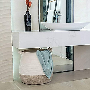 MINTWOOD Design Large 17 x 17 Inches Decorative Woven Cotton Rope Blanket Basket for Living Room, Laundry Basket Hamper, Storage Baskets with Handles for Toys, Throws, Pillows, Towels, Shoes, Brown