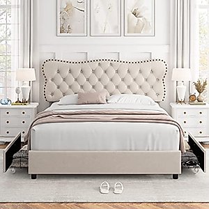 HOSTACK Full Bed Frame with 4 Storage Drawers, Upholstered Platform Bed Frame with Button Tufted Headboard, Heavy Duty Mattress Foundation with Wooden Slats, No Box Spring Needed (Beige, Full)