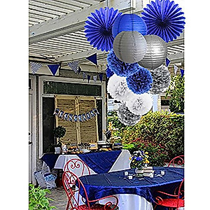 HEARTFEEL 11pcs Navy Blue Silver White Tissue Pom Poms Paper Lanterns Paper Fans Kit for Baby Shower, Bachorlette, Wedding, Birthday, Grad Party Decorations (Navy Blue,Silver,White)