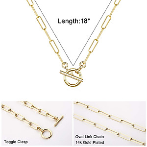Turandoss Gold Paperclip Chain Necklace, 14K Gold Plated Toggle Clasp Simple Dainty Link Chain Necklace Gold Handmade Choker Oval Link for Women