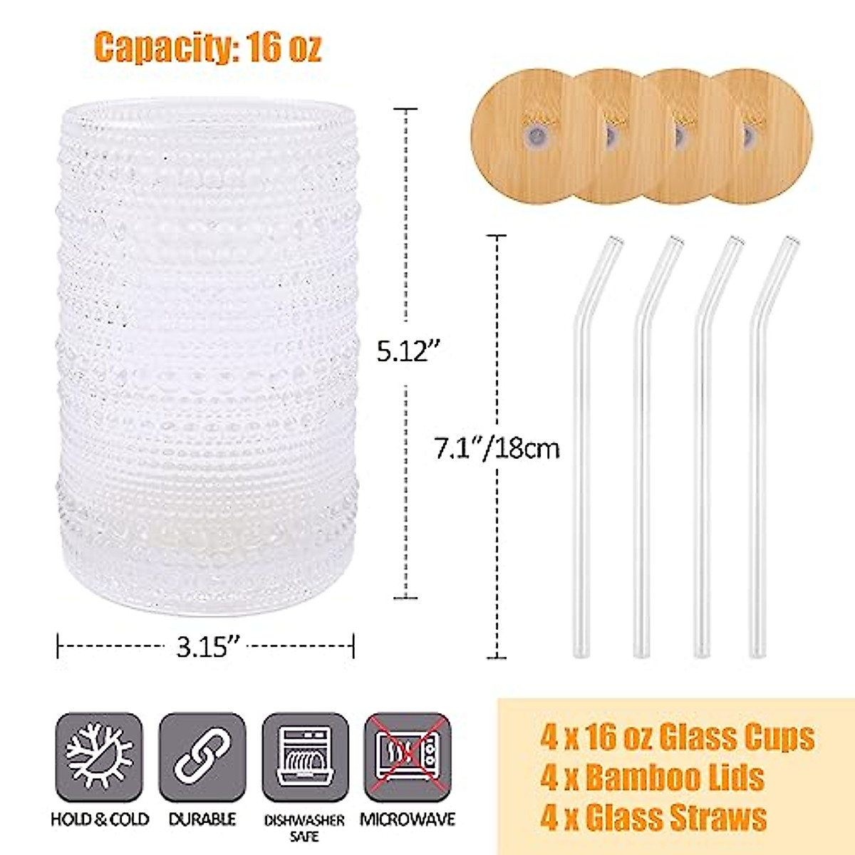 Vintage Drinking Glasses Set of 4 with Bamboo Lids and Straws, 16 oz Textured Clear Striped Ribbed Glassware Set Old Fashion Beaded Glass Cups Embossed Iced Coffee Cup for Beer, Cocktail, Beverage