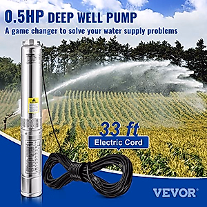 VEVOR Deep Well Submersible Pump, 0.5HP 115V/60Hz, 28gpm Flow 167ft Head, with 33ft Electric Cord, 4" Stainless Steel Water Pumps for Industrial, Irrigation&Home Use, IP68 Waterproof Grade