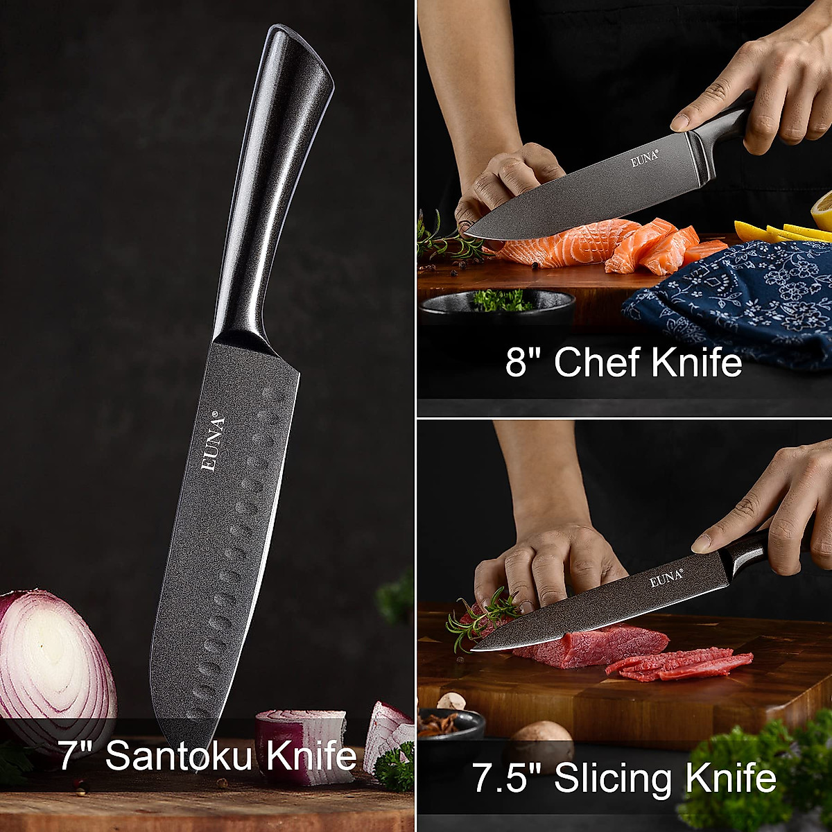 EUNA Kitchen knife set of 5, Sharp Chef Knife Set without Block Professional High Carbon Stainless Steel Cooking Knife Set with acrylic Handle and Gift Box