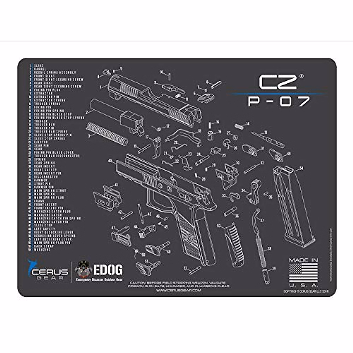 EDOG P07 Gun Cleaning Mat - Schematic (Exploded View) Diagram Compatible with CZ P-07 Series Pistol 3 mm Padded Pad Protect Your Firearm Magazines Bench Surfaces Gun Oil Solvent Resistant