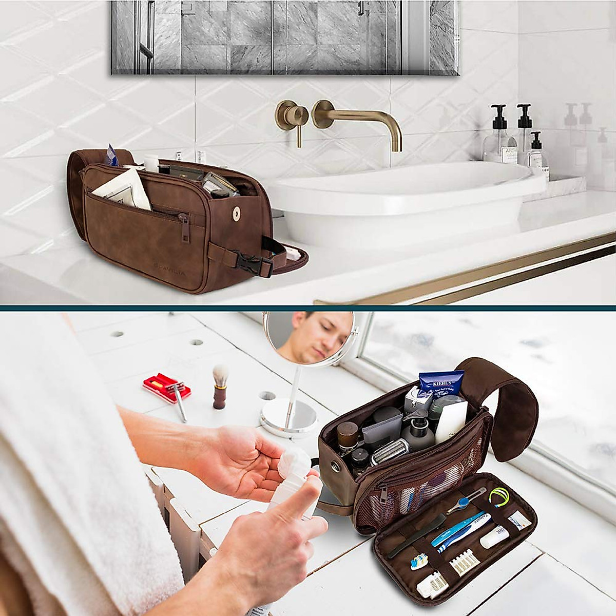 PAVILIA Toiletry Bag for Men, Travel Essentials Shaving Dopp Kit, Mens Travel Bag Toiletries Organizer Case for Grooming, PU Leather Water Resistant Cosmetic Bag Pouch (Dark Brown)