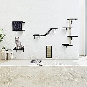JIFULI 5 Pcs Wall-Mounted Cat Climber Set, Wood Indoor Furniture with Shelves and Perches, Ladder, Condo House, Scratching Board Tree, Wall Furniture, Black, (JFL-CT5P-GY)