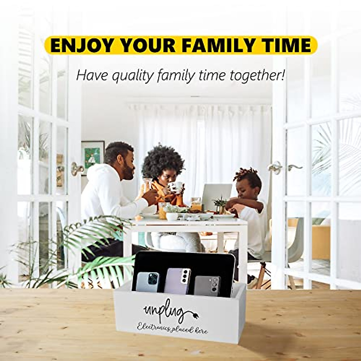CHONIC Unplug Box, Farmhouse Style Be Present Phone Box, Cell Phone Basket for Home, Wood Mobile Phone Jail, Family Time Out Charging Station for Phone Tablet Electronics Holder (White)