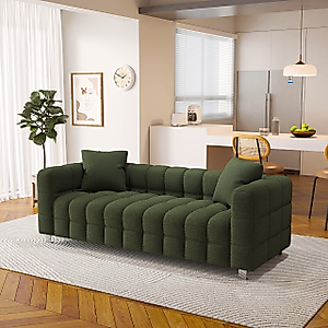 WILLIAMSPACE 80" Chesterfield Sofa, Modern Green Fleece 3 Seat Sofa, Mid-Century Upholstered Sofa Couch with Pillows & Metal Leg for Living Room Bedroom Apartment (Green)
