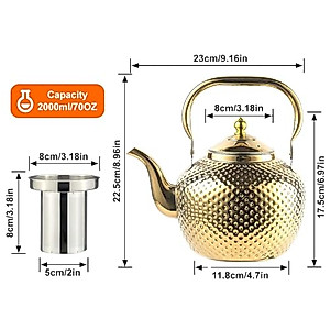 SANQIAHOME 2000ml teapot with Infuser stainless steel Water Boilers lifting handle Tea Maker Water Kettle for Induction/Gas gold