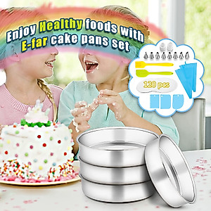 E-far 6 Inch Cake Pans Set of 4, Stainless Steel Round Baking Cake Pan Tins with Decorating Supplie Including Parchment Paper Icing Tips Spatula Scrapper, Non-toxic & Healthy, Dishwasher Safe