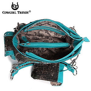 Camouflage Cross Western Style Studded Handbag Concealed Carry Purse Country Women Shoulder Bag Wallet (Turquoise Set)