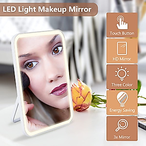 Beautrayn Makeup Mirror with Light, Touch Screen Vanity with 3X Mirror, USB Rechargeable 3 Color Lighting Modes, Adjustable Metal Stand 90° Rotation, Hanging Bathroom for Shower, Travel