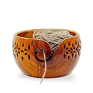 Rosewood Crafted Wooden Yarn Storage Bowl with Carved Holes & Drills | Knitting Crochet Accessories | Nagina International (XL)