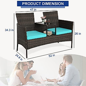 BPTD Outdoor Patio Loveseat Patio Furniture Set Rattan Patio Bistro Set Wicker Conversation Furniture Sets with Cushios and Built-in Coffee Table for Balcony, Lawn, Backyard (Brown/Turquoise)