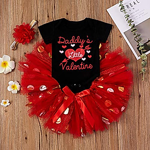 Newborn Infant Girl Skirt Outfits Red Heart Black Romper+Golden Dots Red Tulle Tutu Skirt Baby Clothes Valentine's Day (0-3 Months, Daddy's Little Valentine Outfits)