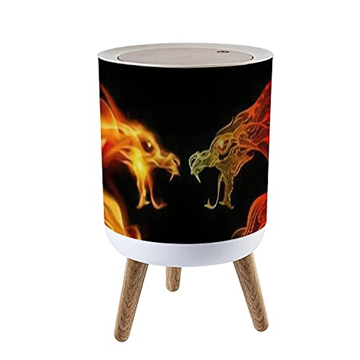 OJNR36WKPD Small Trash Can with Lid Two Dragon Heads Fire Transperent Ornaments Round Garbage Can Press Cover Wastebasket Wood Waste Bin for Bathroom Kitchen Office 7L/1.8 Gallon