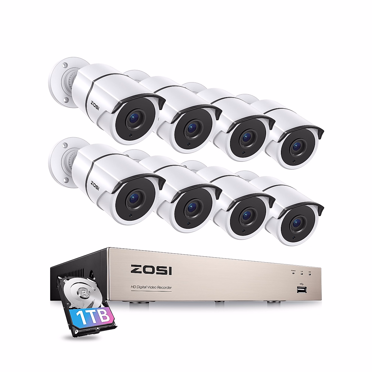 ZOSI 3K Lite Home Security Camera System with Audio,AI Human/Vehicle Detection,Night Vision,8 Channel H.265+ CCTV DVR with 1TB HDD,8pcs 1920TVL Indoor Outdoor Surveillance Cameras,for 24/7 Recording