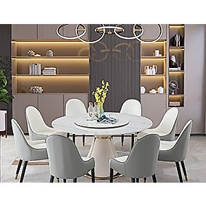 Leavader 9-Piece Dining Table Set - 59" Round Dining Table with Rotating Tray, 1 Faux Marble Dining Table & 8 PU Leather Chairs, Morden Round Stone Dining Table Set for Kitchen, Resterant