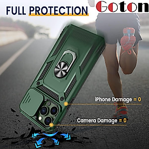 Goton for iPhone 13 Pro Max Case with Slide Camera Cover & 360° Rotate Ring Stand [Military Drop Protection] Shockproof Heavy Duty Protective, Armor Phone Case with Magnetic Car Mount Holder Green