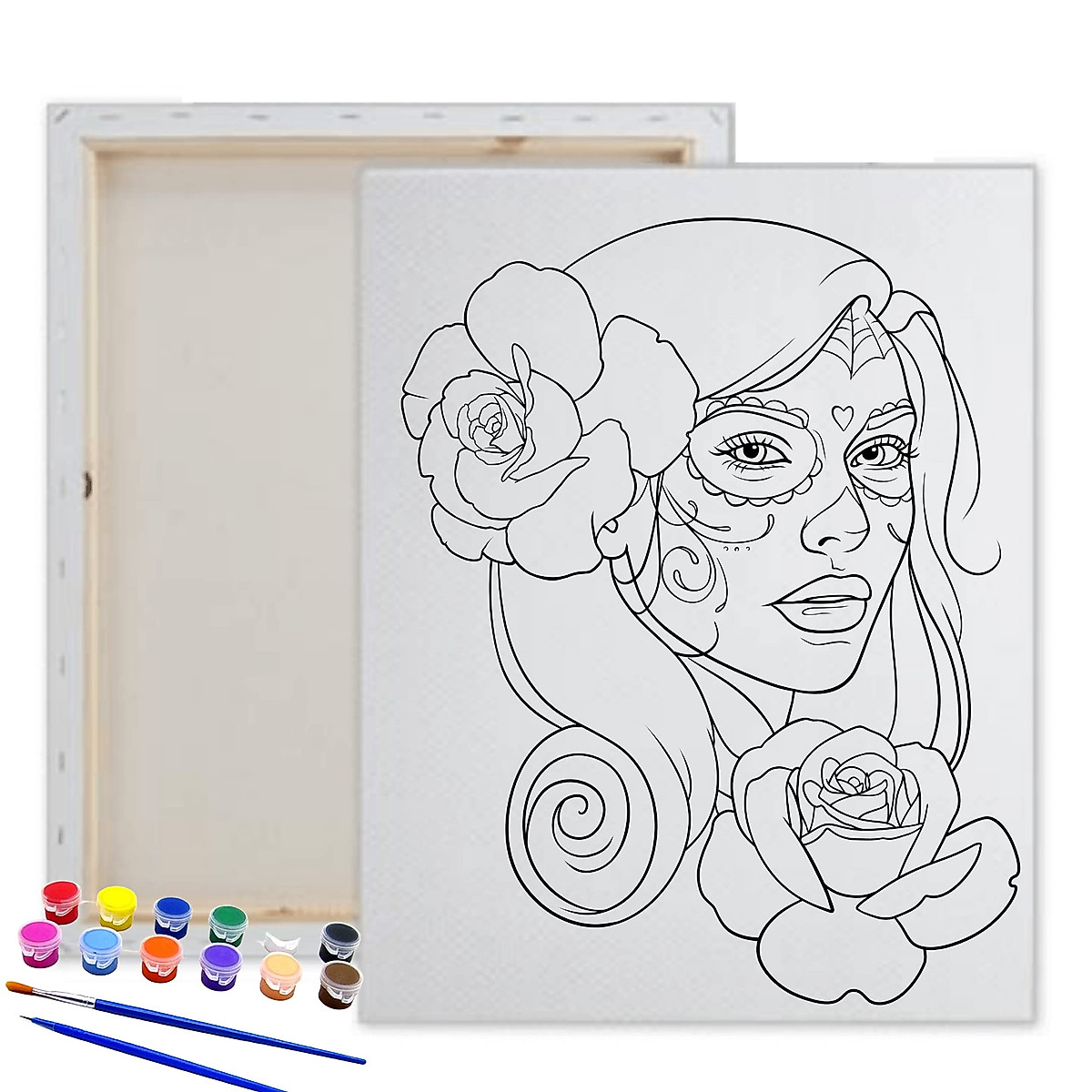 Essenburg Pre Drawn Canvas Paint Kit | Teen, Kids and Adult Sip and Paint Party Favor | DIY Date Night Couple Activity| Canvas Boards for painting| LADY OF THE DEAD (S 8x10 CANVAS ONLY)