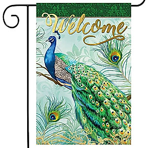 wondever Welcome Peacock Garden Flag 12×18 Double Sided Vertical Burlap Peacock Blue Feathers Yard Flags for Farmhouse Yard Holiday Celebration Outdoor Flags Decor