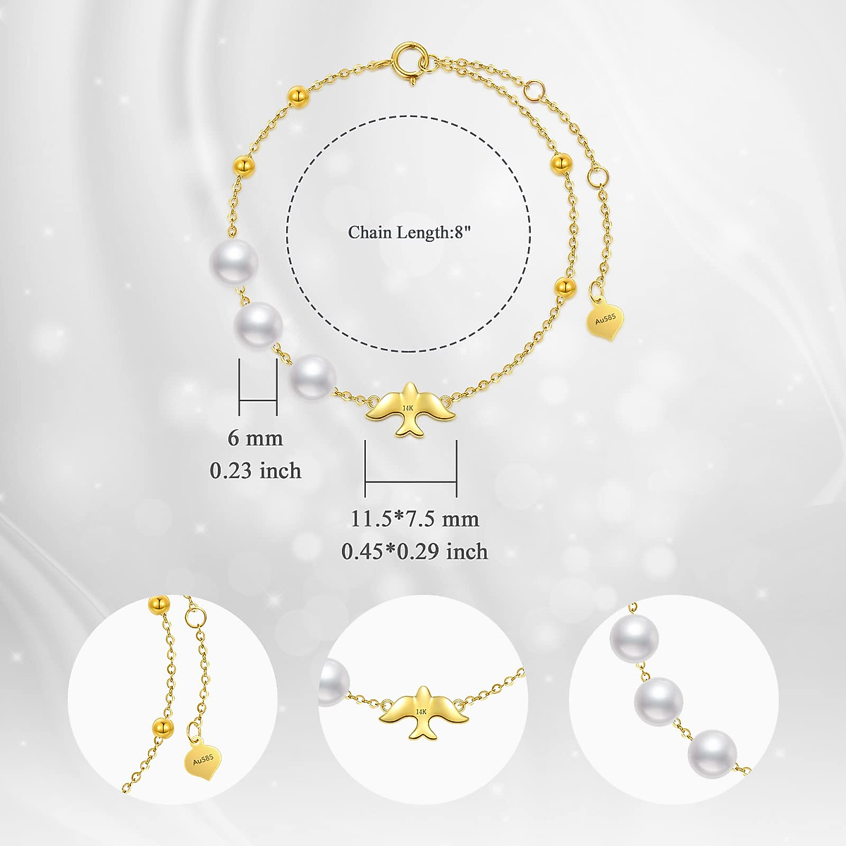 Solid 14k Gold Pearl Bracelet for Women, Simple Gold Handpicked Cultured Pearl Bracelet with Dove Jewelry for Women, Mom Wife Girlfriend, 6"-8"