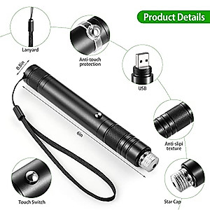 Green Laser Pointer High Power Rechargeable Lazer Pointer, Laser Pen with Long Range Adjustable Focus with Star Cap, Laser Pointer Pen Suitable for Outdoor, Astronomy, Cats Dogs