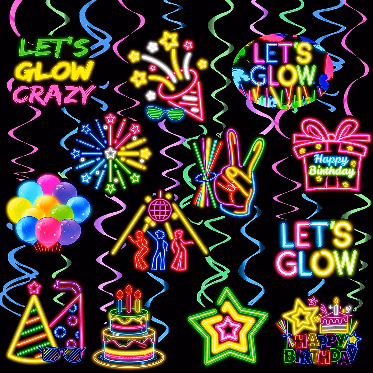 Neon Party Hanging Swirls Glow Birthday Decoration Neon Birthday Party Supplies Glow Neon Ceiling Streamers Glow in The Dark Decoration for Let's Glow Baby Shower Supplies