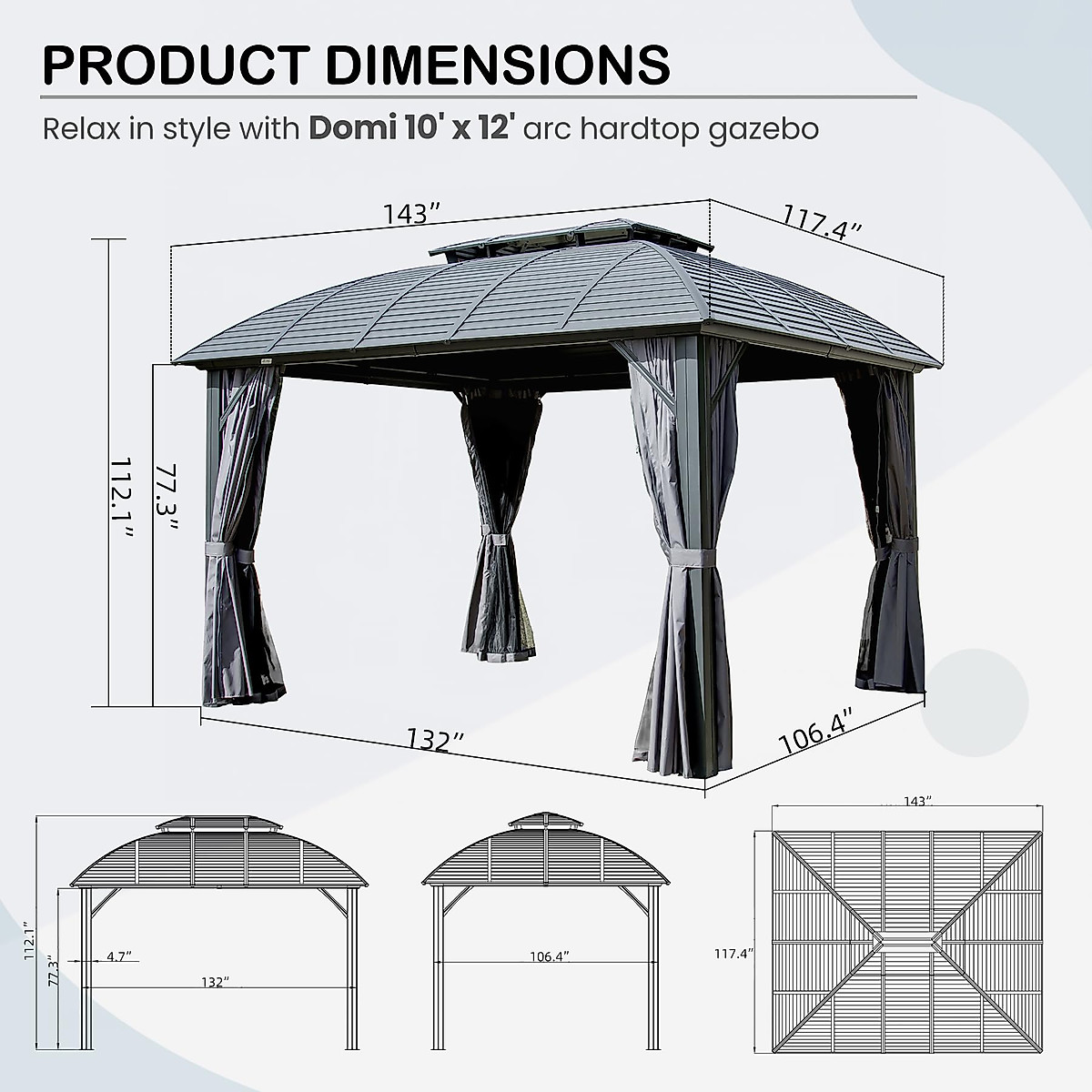 10' x 12' Hardtop Gazebo Outdoor Aluminum Gazebo Arc Grill for Patios Deck Backyard,Galvanized Steel Double Roof,Curtain&Netting by domi outdoor living