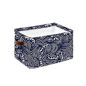 Sea Ocean Wave Texture Filling Storage Basket Waterproof Cube Storage Bin Organizer with Handles, Navy Blue White Stripes Collapsible Storage Cubes Bins for Clothes Books Toys 15"x11"x9.5"